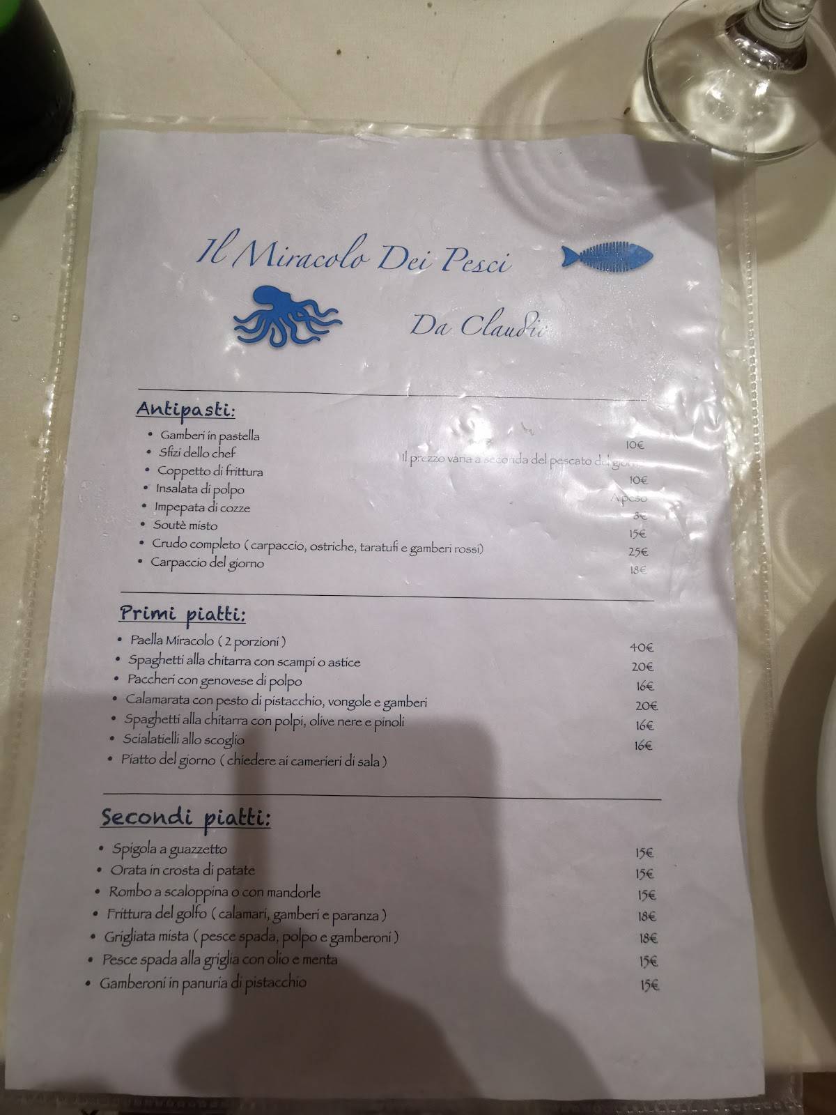 Menu da Il Miracolo dei Pesci ristorante, Napoli