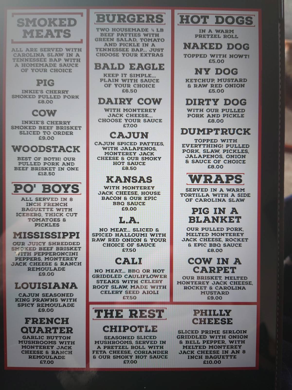 Menu at Inkie's Smokehouse restaurant, Liskeard