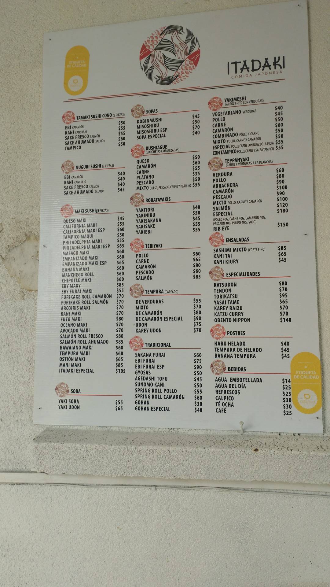 Carta del restaurante Itadaki, Heroica Puebla del Zaragoza, C. 5 Sur 3708