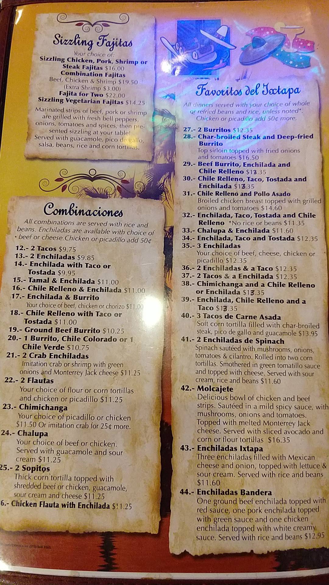 Menu at Ixtapa restaurant, Silverton