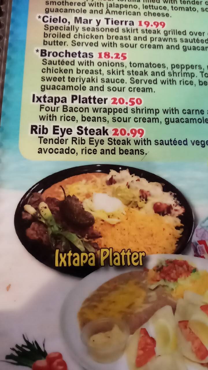 Menu at Ixtapa restaurant, Silverton