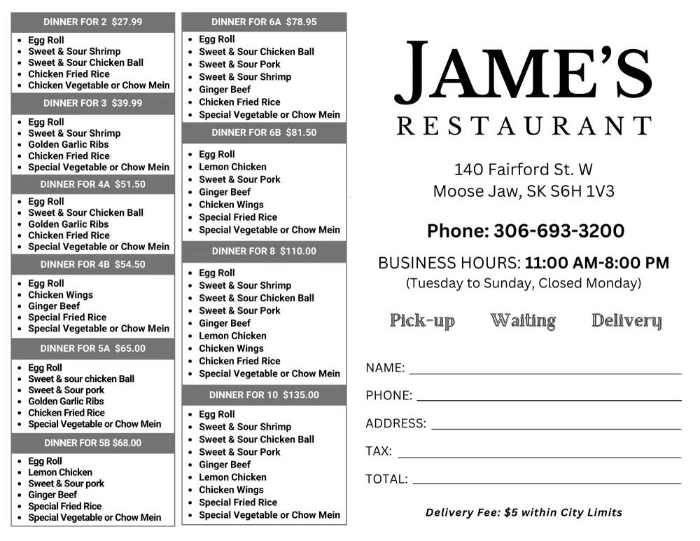 Menu at Jame's Chinese Restaurant, Moose Jaw