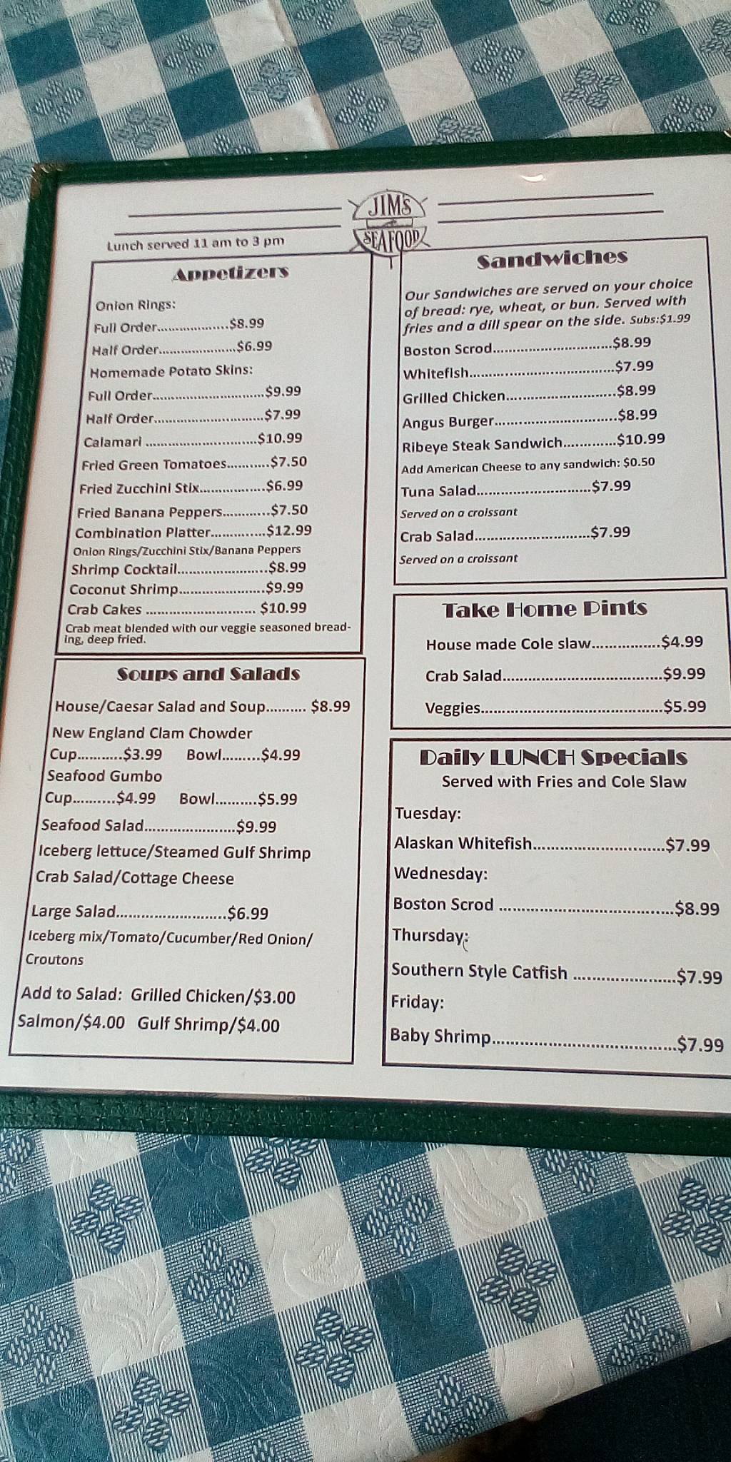 Menu at Jim's Seafood restaurant, Frankfort