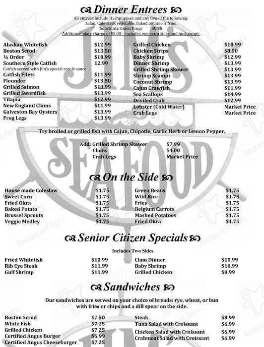 Menu at Jim's Seafood restaurant, Frankfort