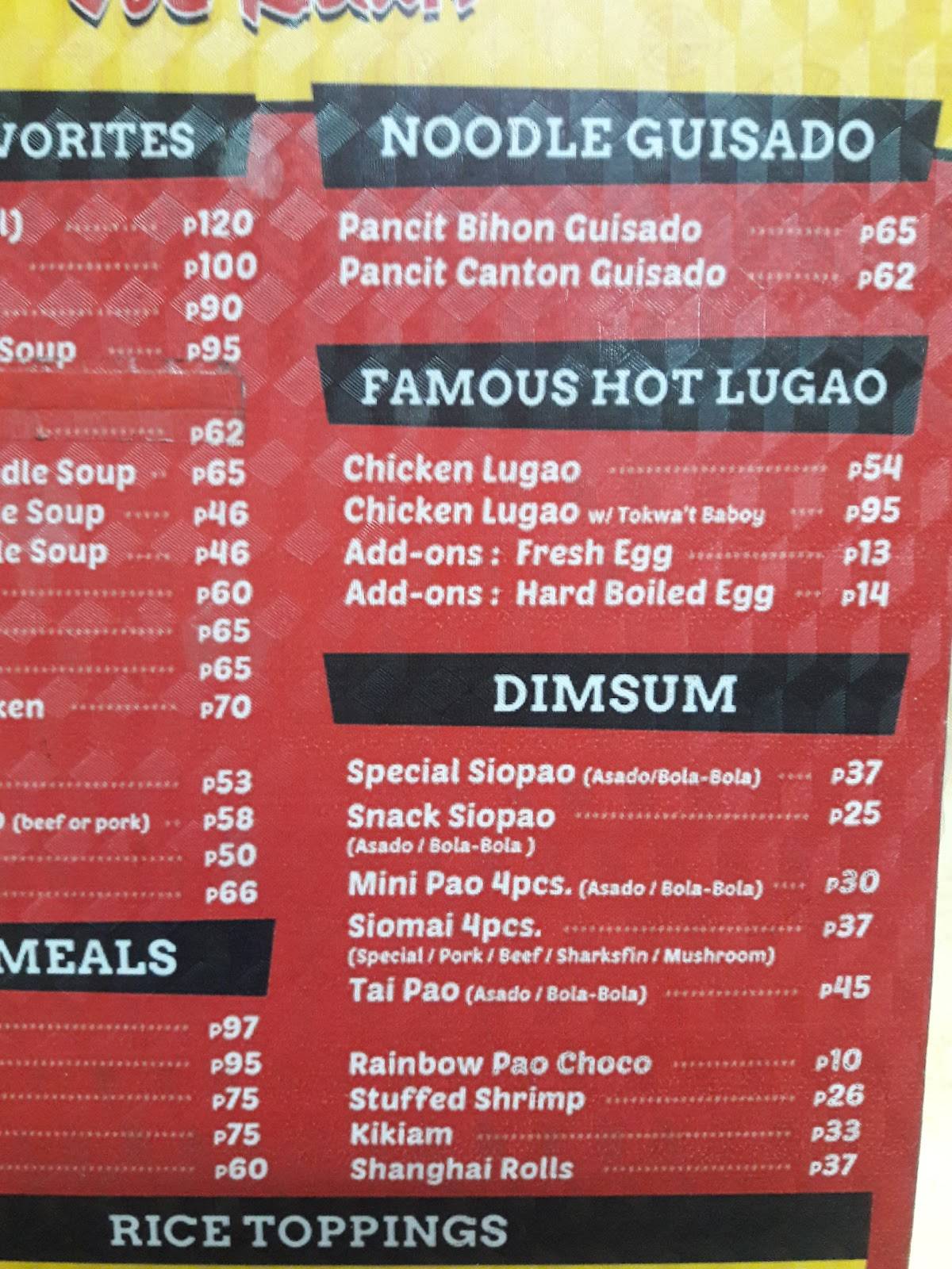 Menu at Joe Kuan restaurant, Manila, 530 Rizal Ave