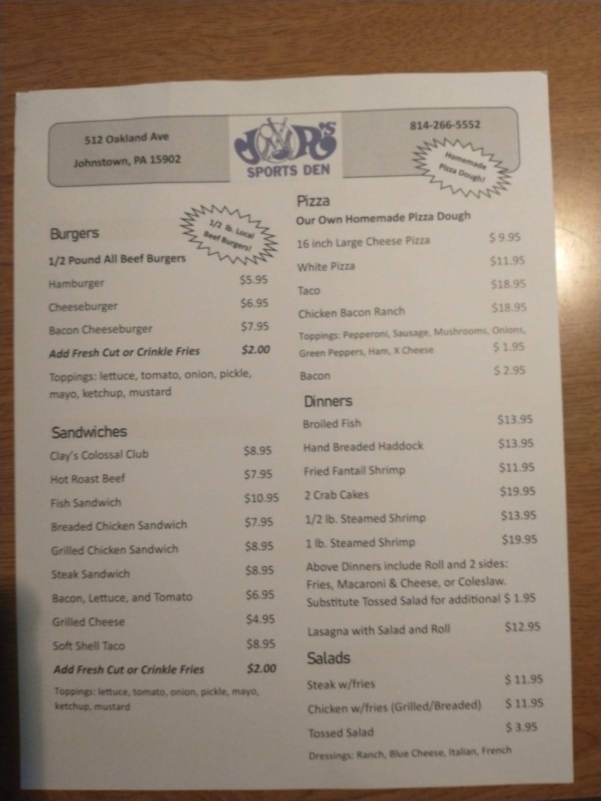 Menu at Jr’s Sports Den restaurant, Johnstown