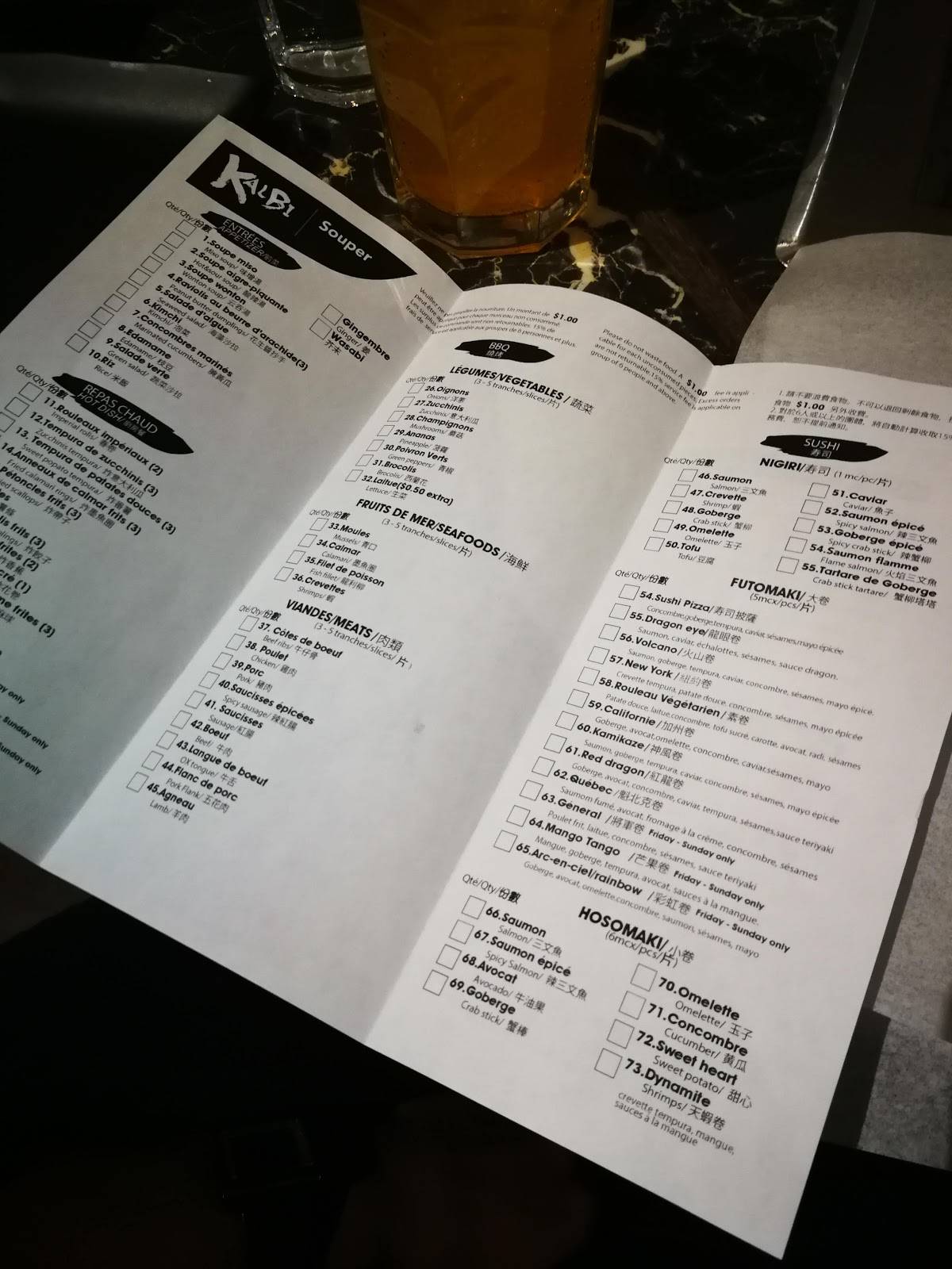 Menu au Kalbi BBQ, Montréal