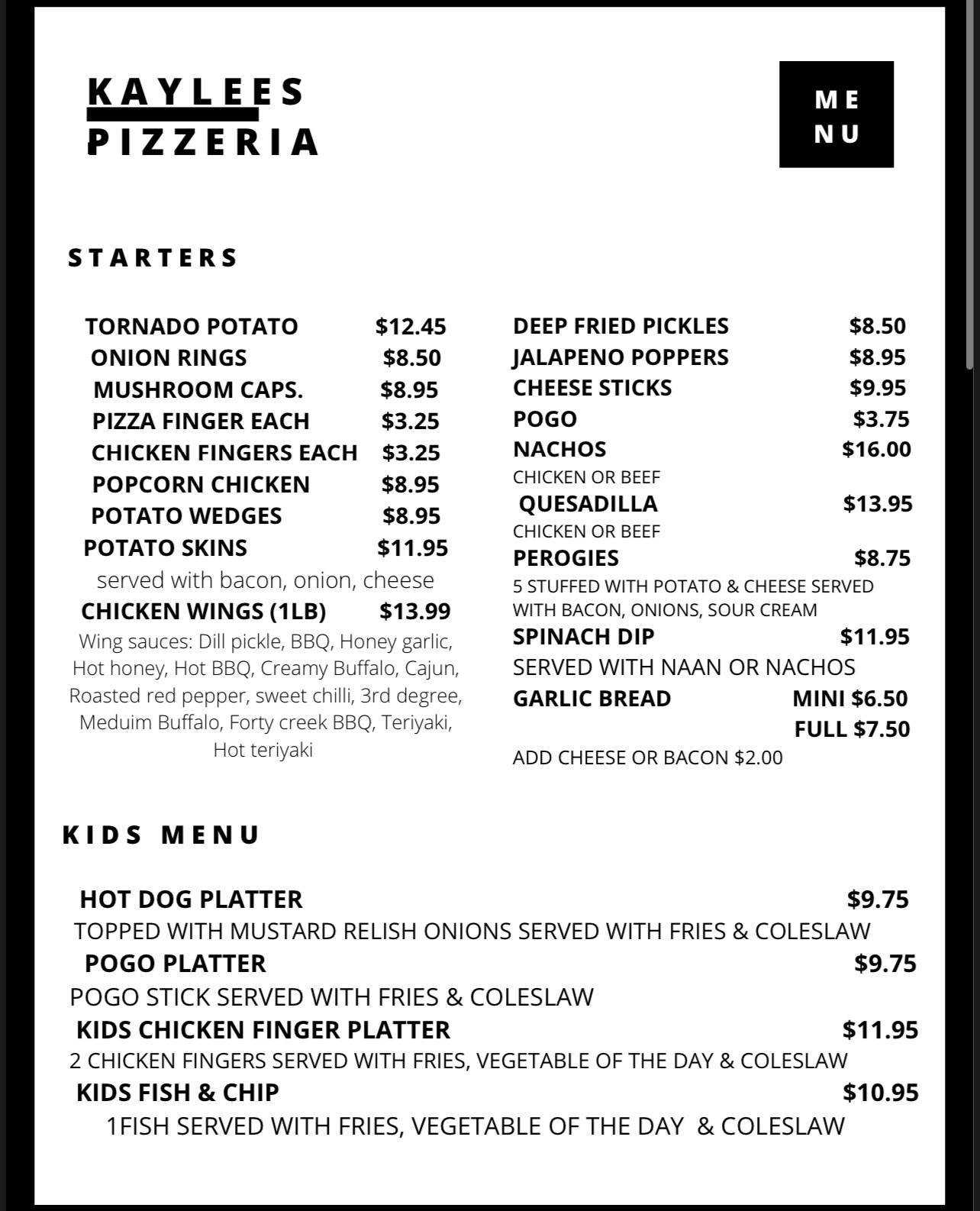 Menu at Kaylee's Pizzeria, Kapuskasing