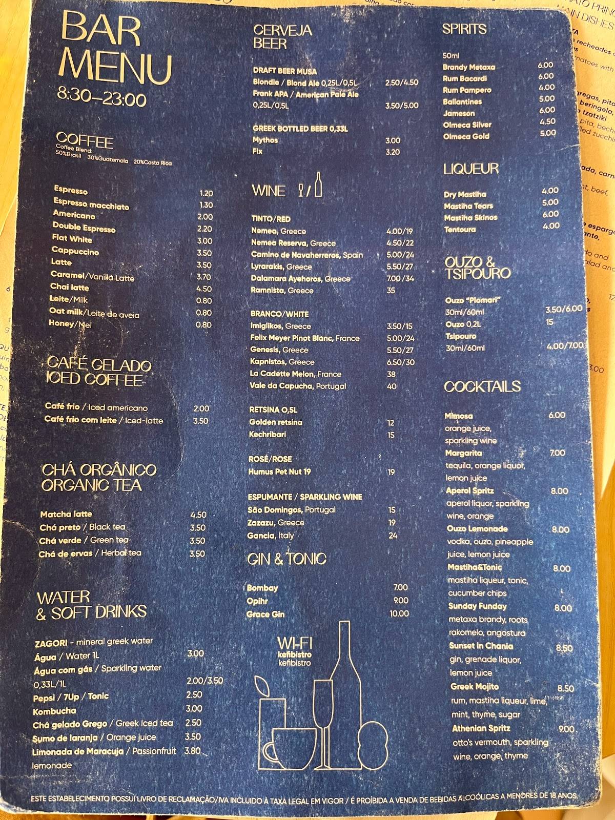 Menu at Kefi Greek Bistro restaurant, Lisbon