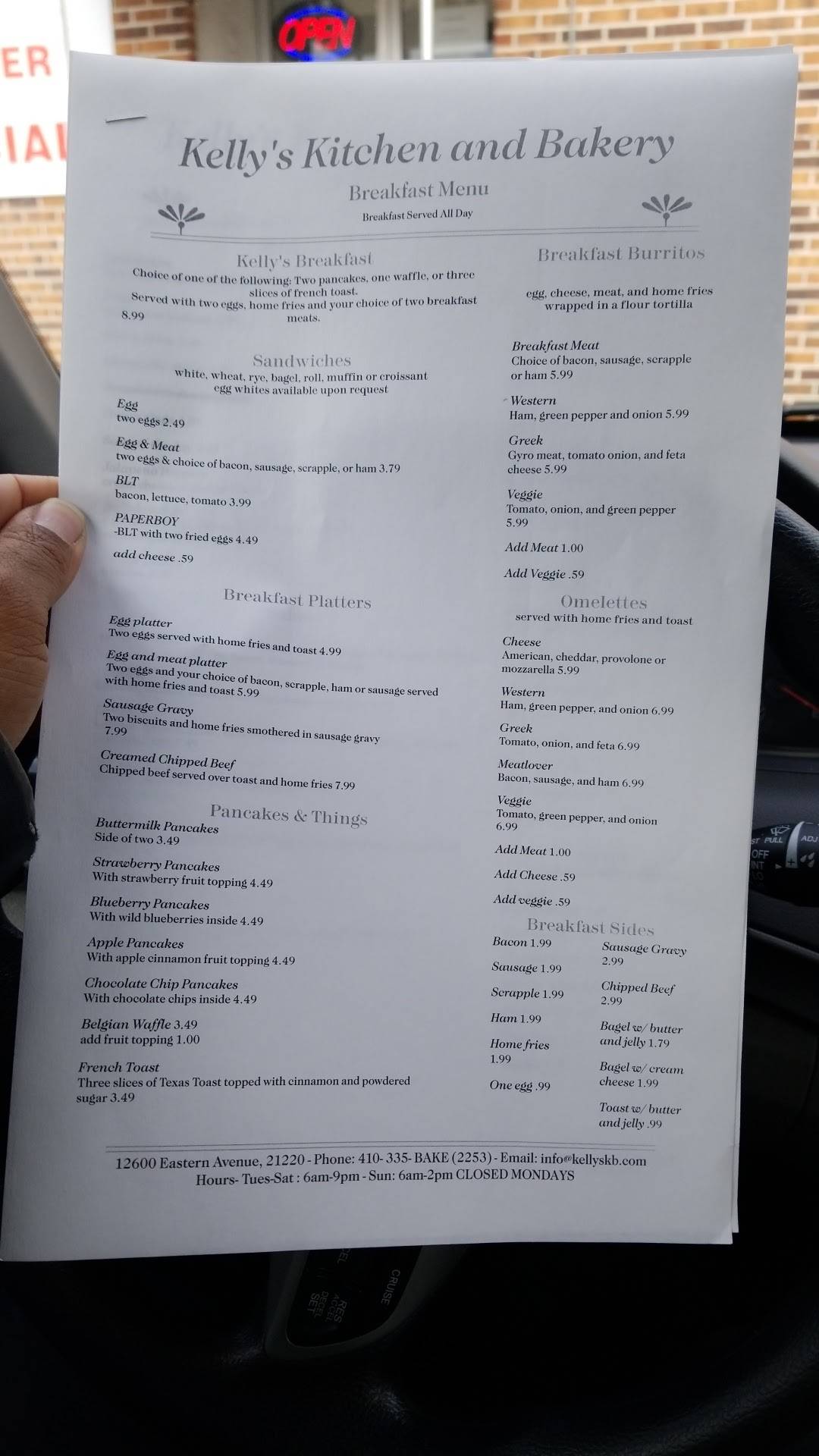 Menu at Kelly's Kitchen and Bakery, Middle River, Eastern Ave