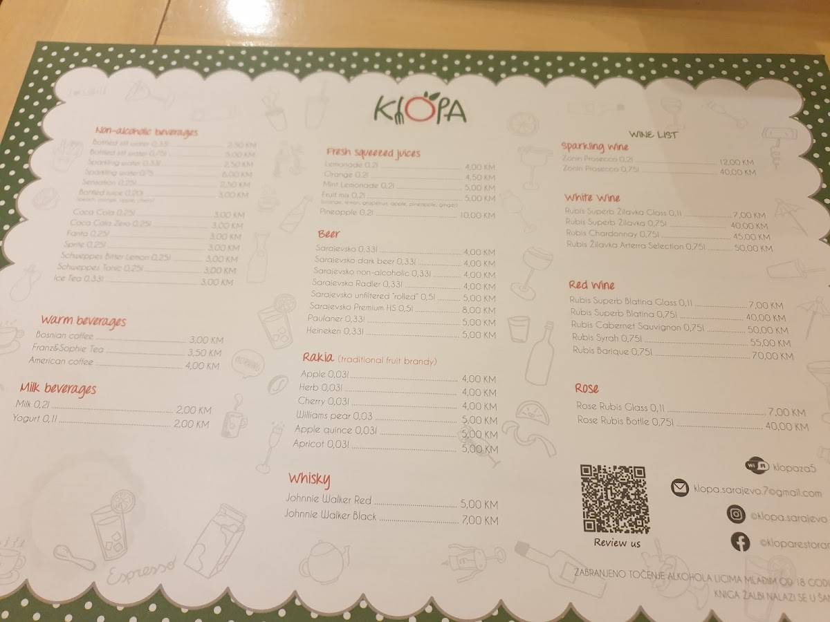 Menu at Klopa restaurant, Sarajevo