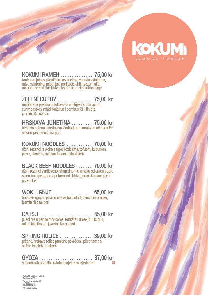 Menu at Kokumi Tkalča restaurant, Zagreb