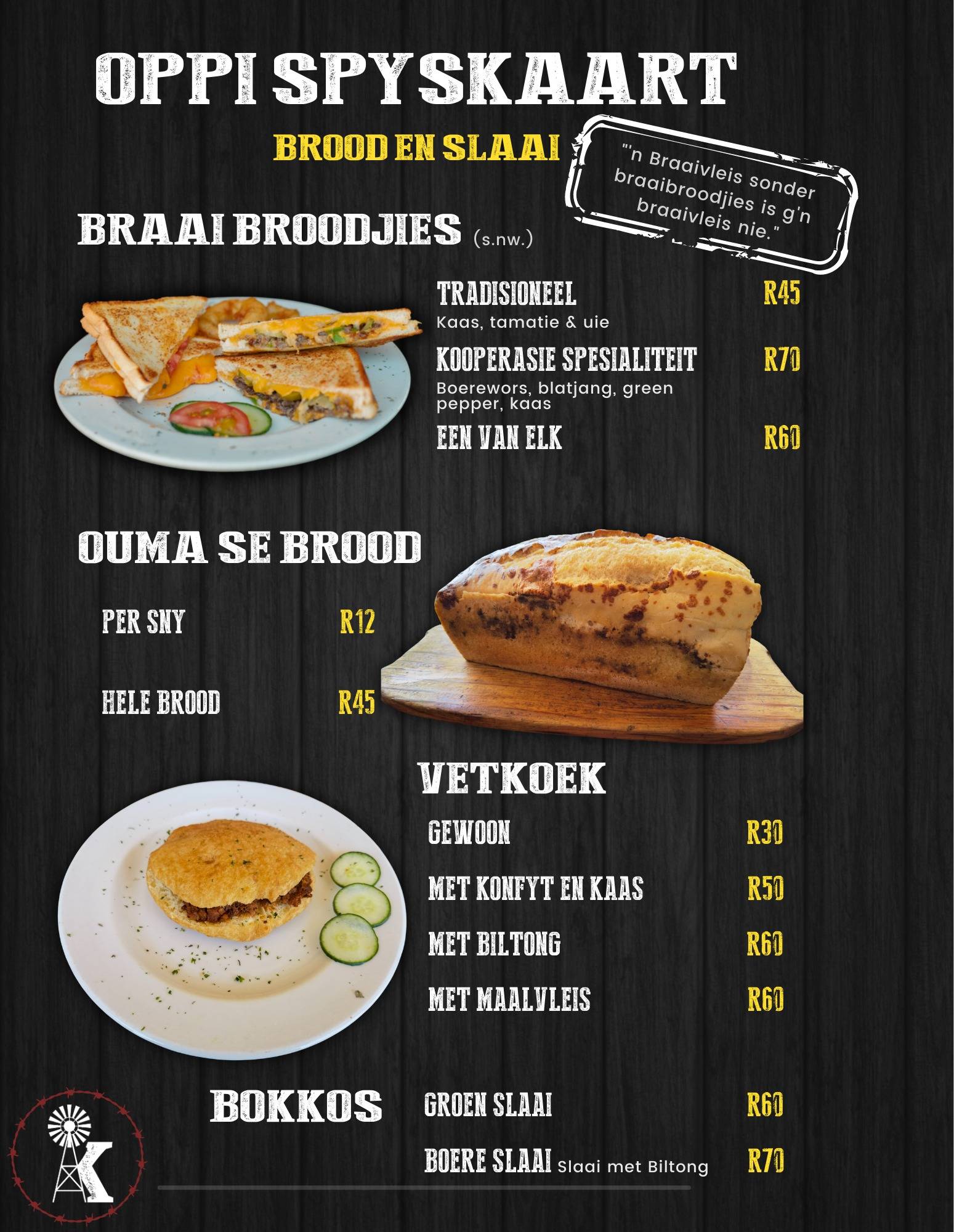 Menu at Kooperasie Kroeg & Kos restaurant, Potchefstroom