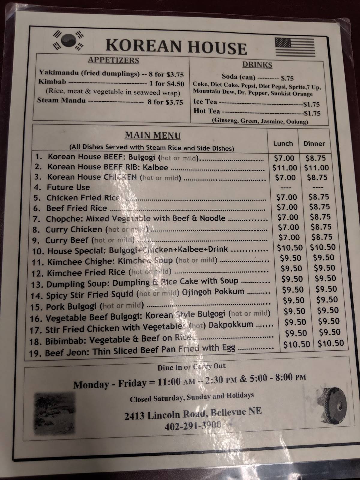 Menu at Korean House Restaurant, Bellevue