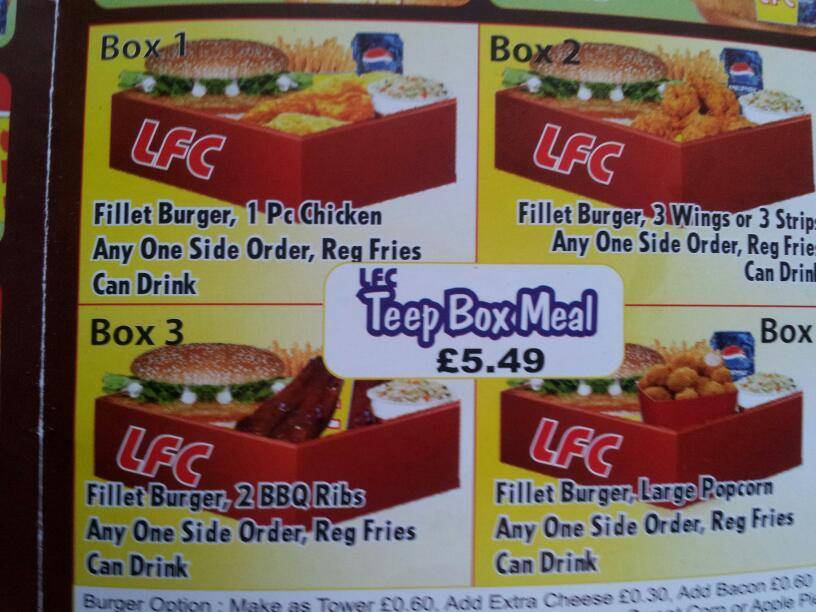 Menu at LFC restaurant, Worksop