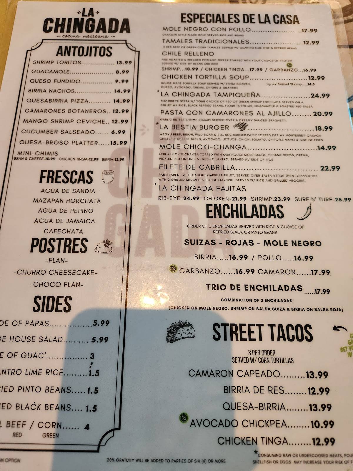 Menu at La Chingada Cocina Mexicana restaurant, Tucson