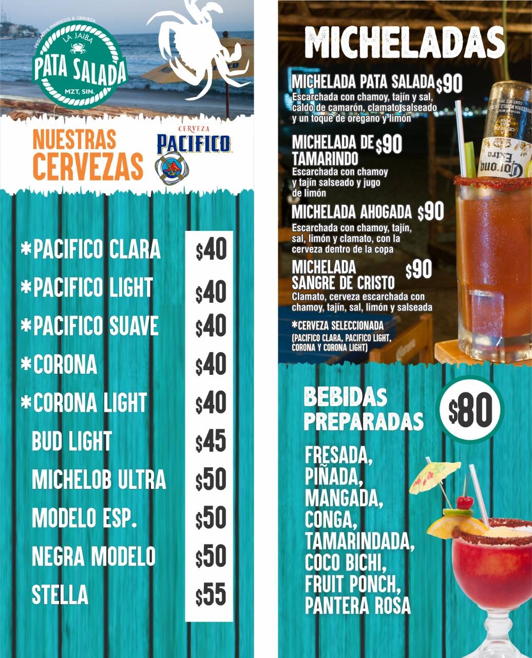 Carta del restaurante La Jaiba Pata Salada, Mazatlán