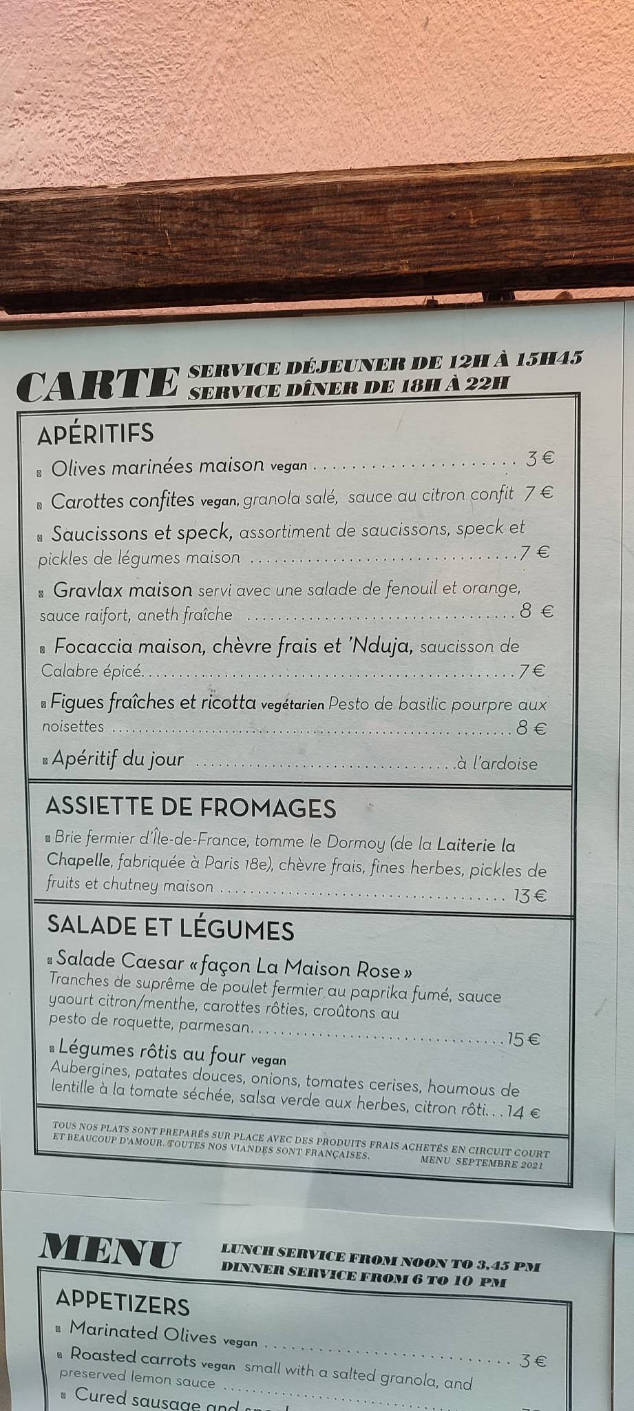 Menu at La Maison Rose restaurant, Paris, 2 Rue de l'Abreuvoir