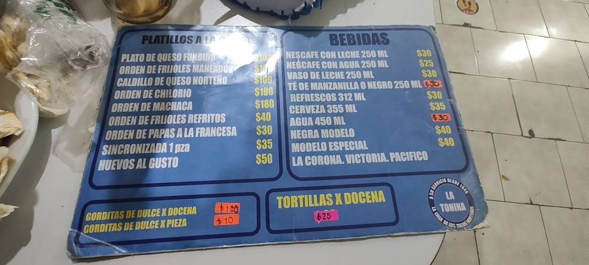 Menu at La Tonina restaurant, Mexico City