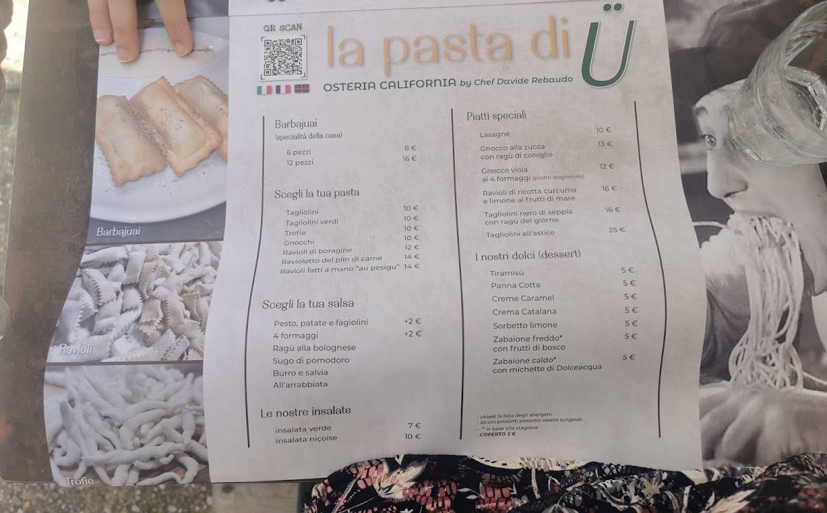 Menu at La pasta di U restaurant, Dolceacqua