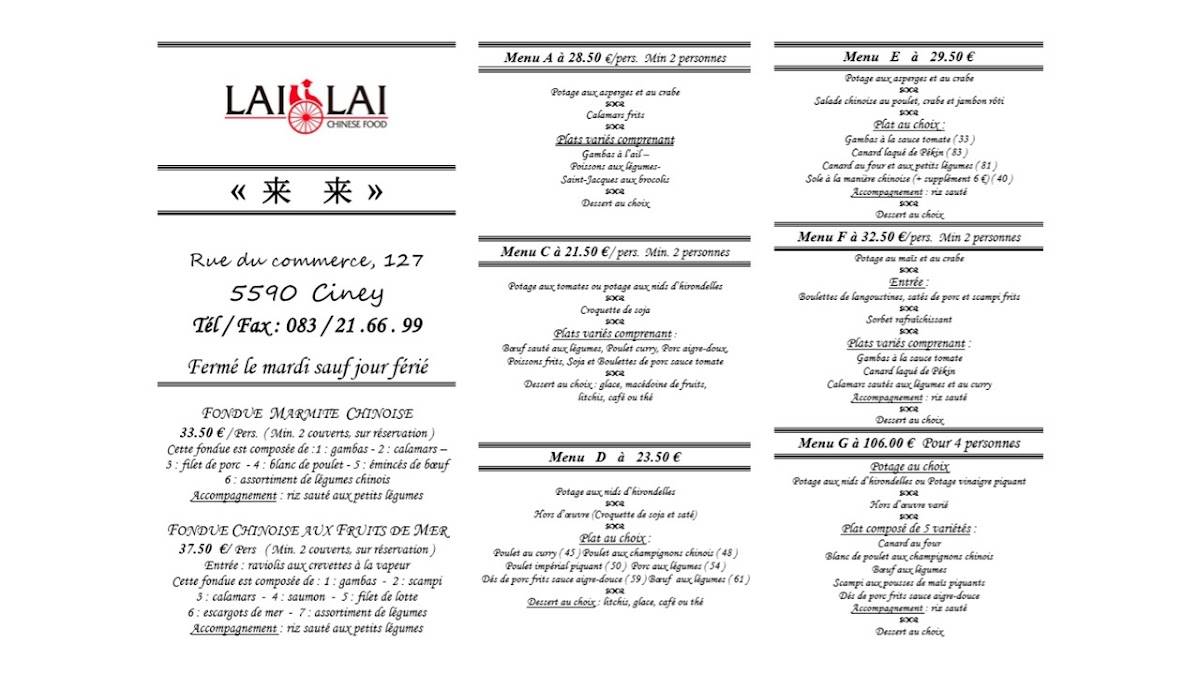 Menu au Lai-Lai, Ciney