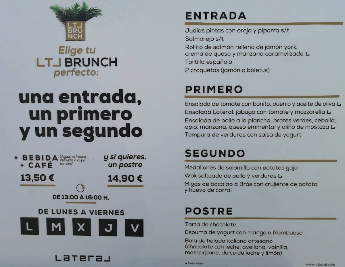 Carta del restaurante Lateral Pozuelo, Pozuelo del Alarcón