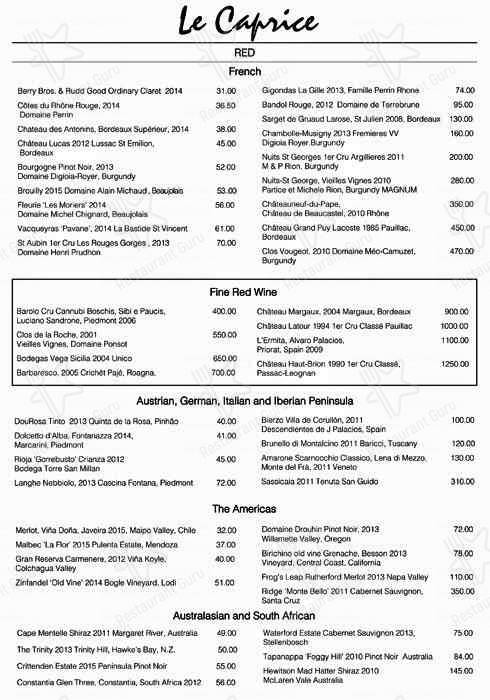 Menu at Le Caprice restaurant, London, 20 Arlington St