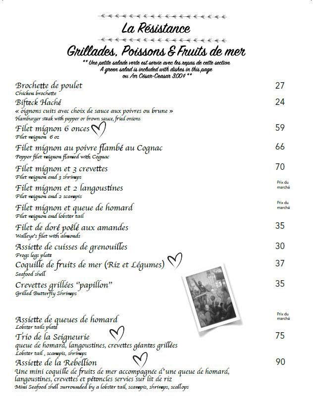 Menu au Le Louis-Joseph restaurant, Papineauville