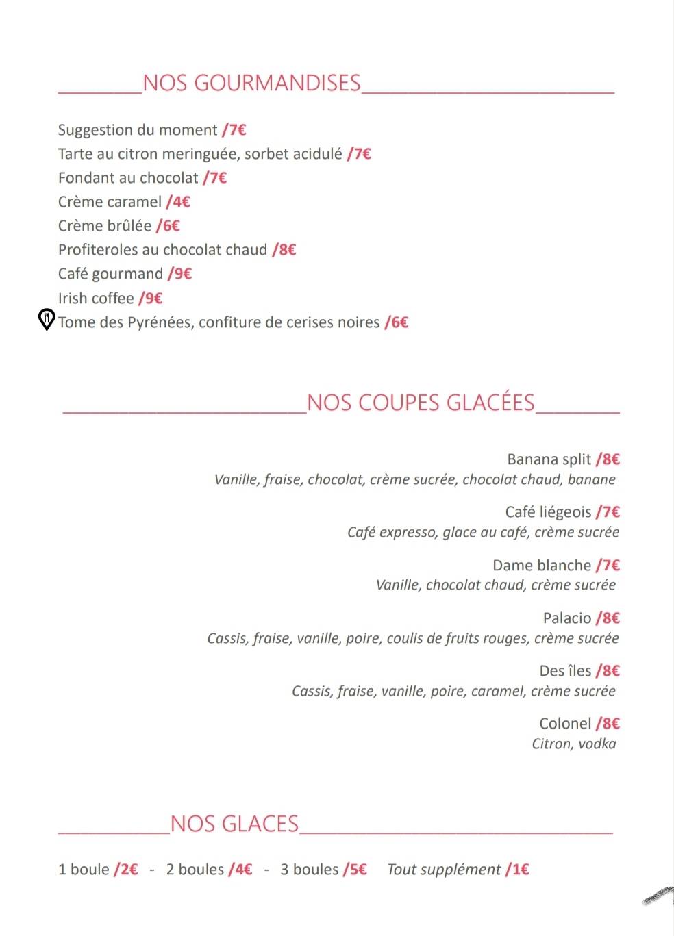 Menu au Le Palacio restaurant, Lourdes