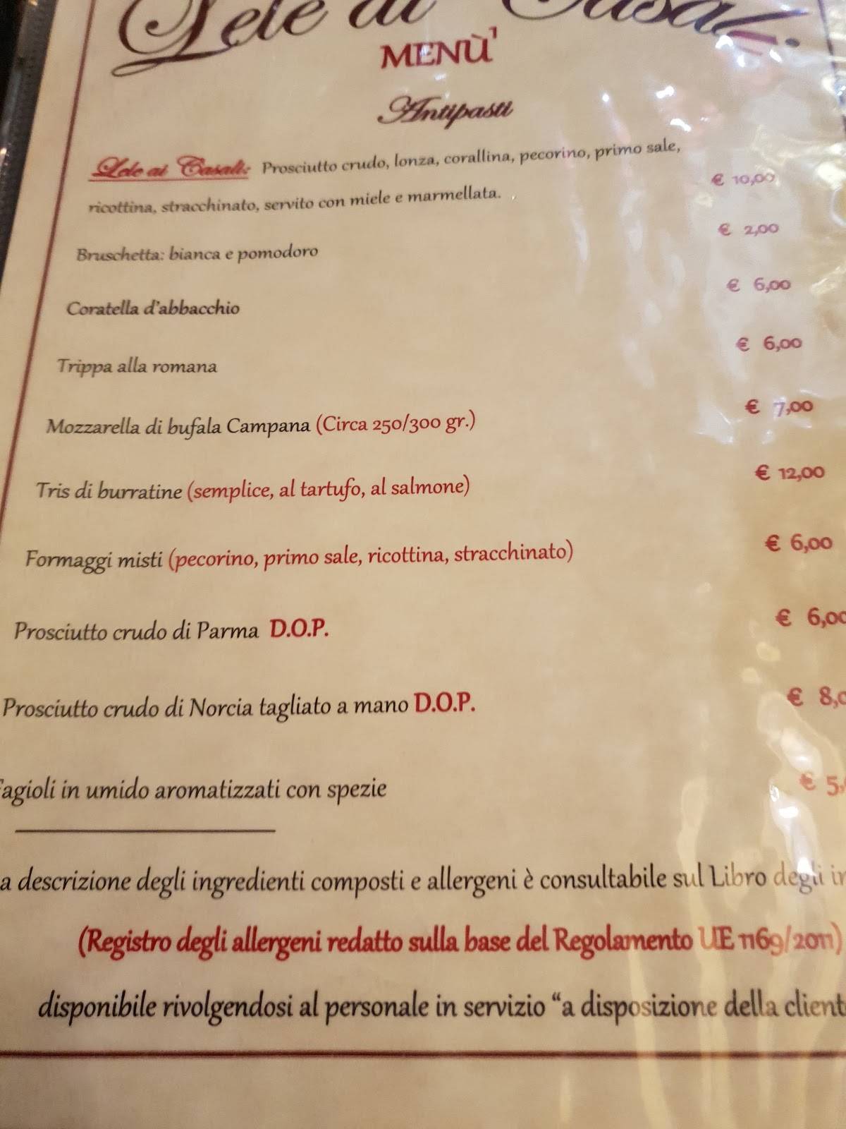Menu da Lele ai Casali ristorante, Fiano Romano