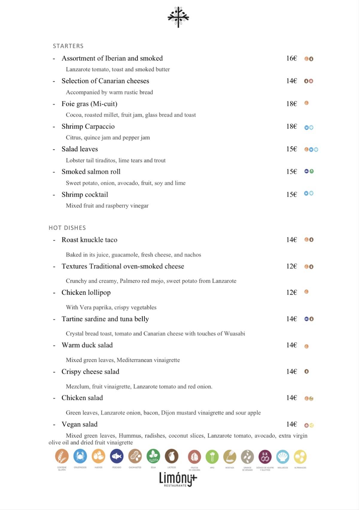 Menu at Limón y + restaurant, Playa Blanca