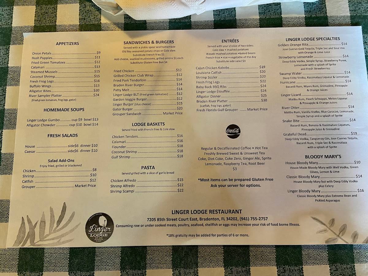 Menu at Linger Lodge Restaurant, Bradenton