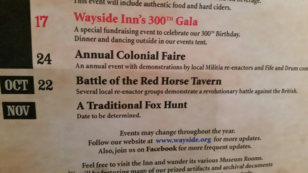 Menu at Longfellow's Wayside Inn restaurant, Sudbury
