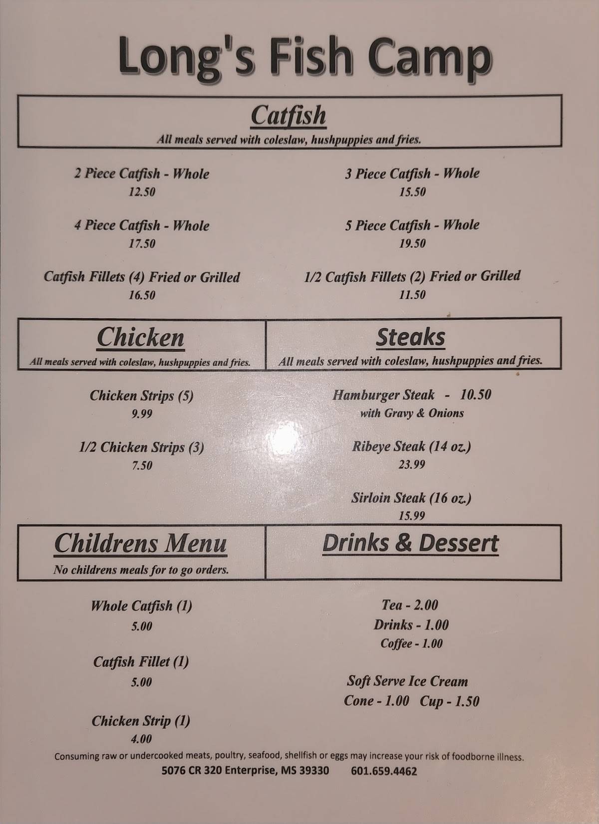 Menu at Long's Fish Camp restaurant, Enterprise