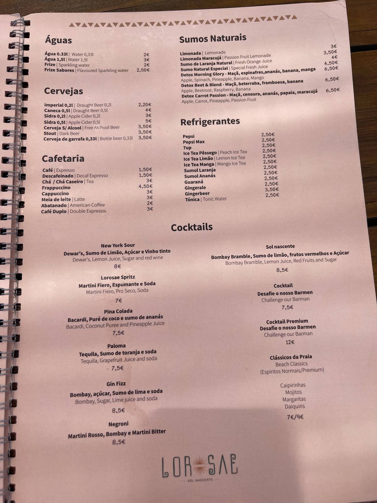 Menu em Lorosae Sol Nascente - Beach Club, Costa da Caparica