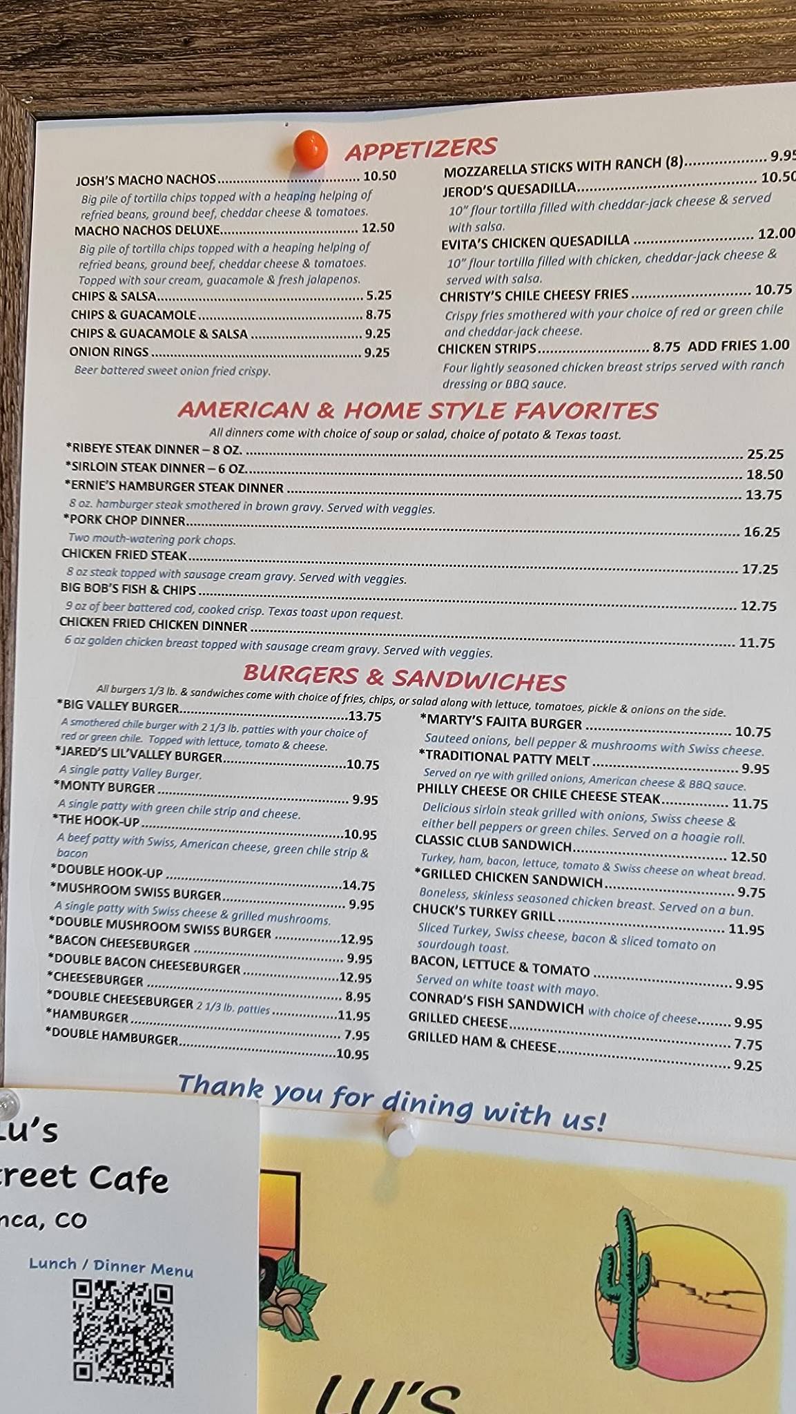 Menu at Lu's Main Street Cafe, Blanca