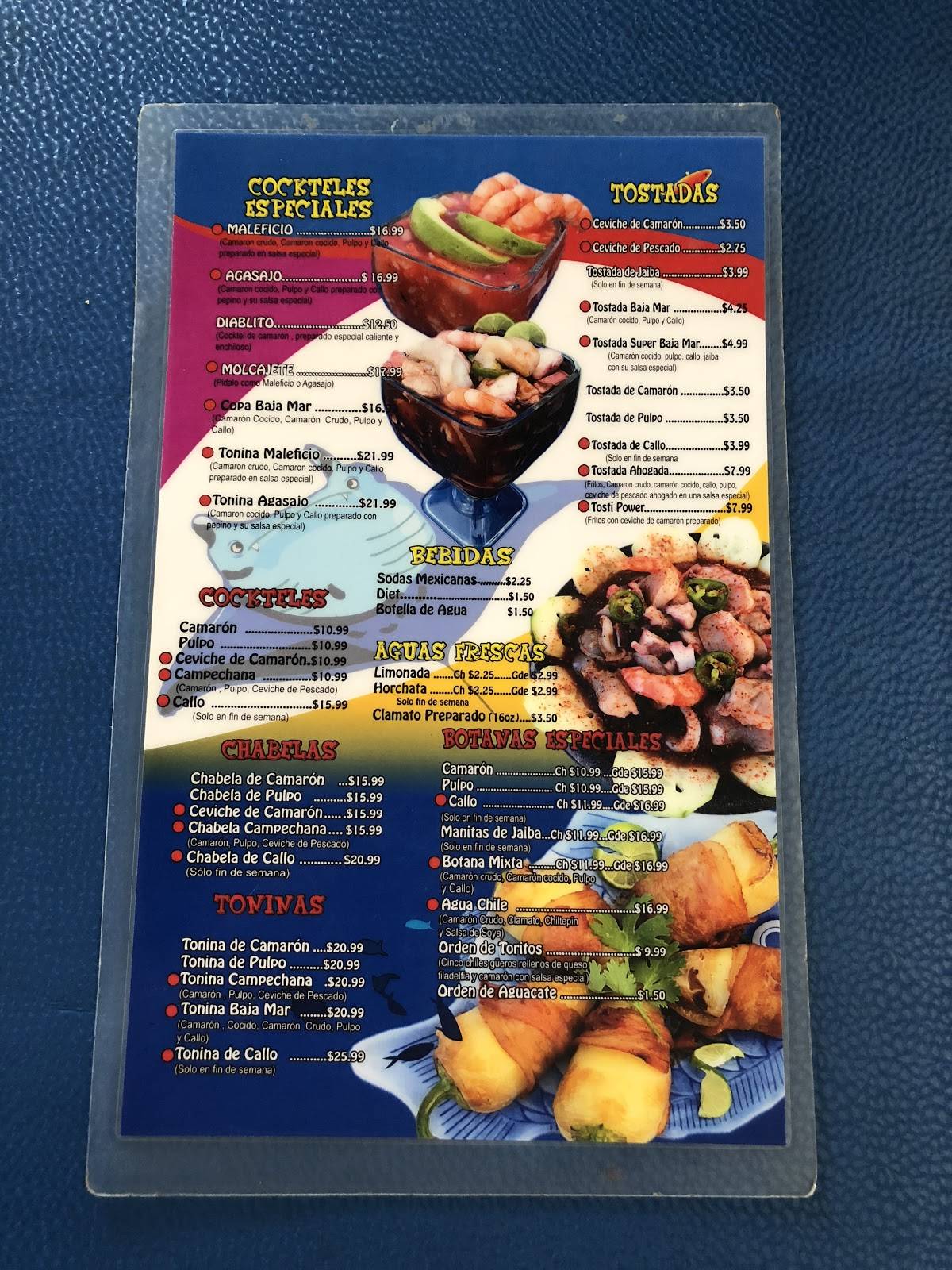 Menu at Mariscos Baja Mar restaurant, Tucson, S Nogales Hwy