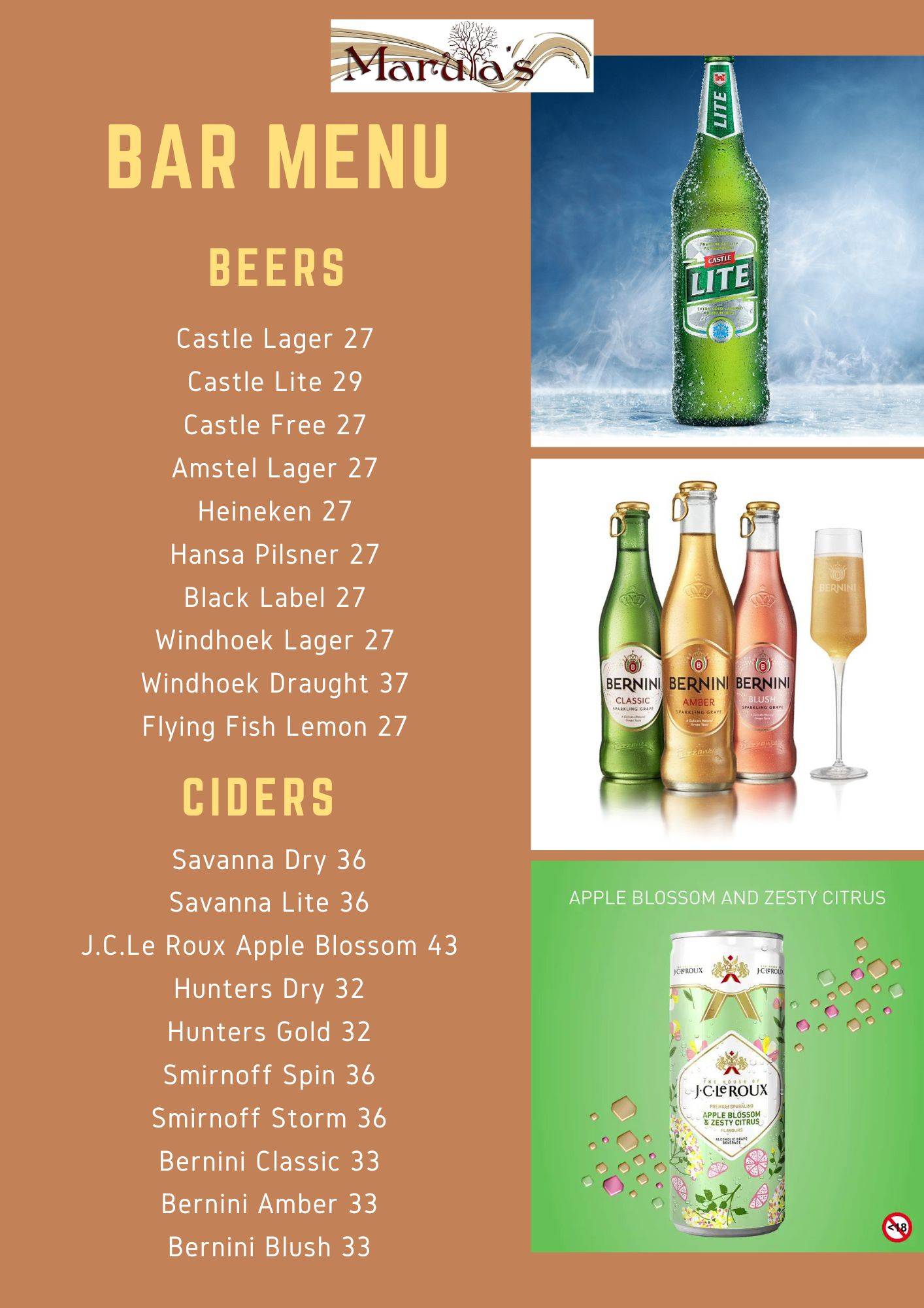 Menu at Marula Coffee Shop restaurant, Durban