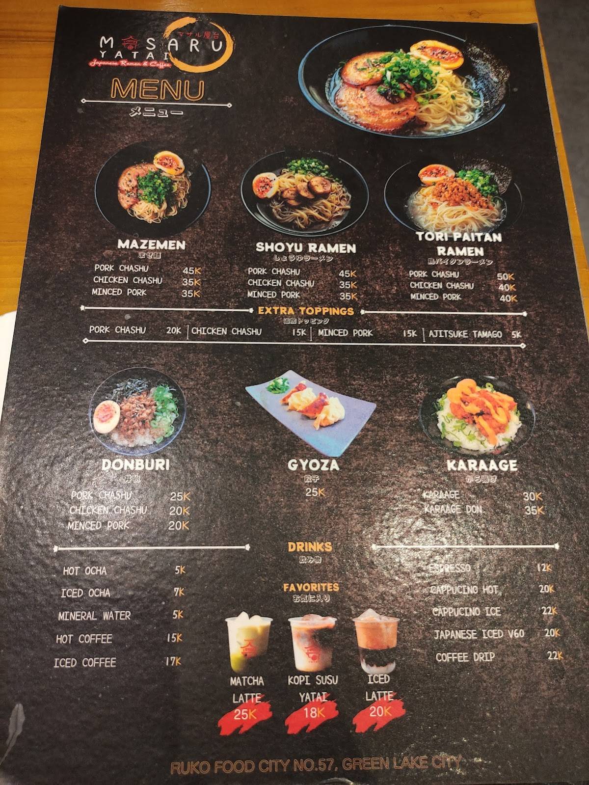 Menu at Masaru Yatai restaurant, West Jakarta