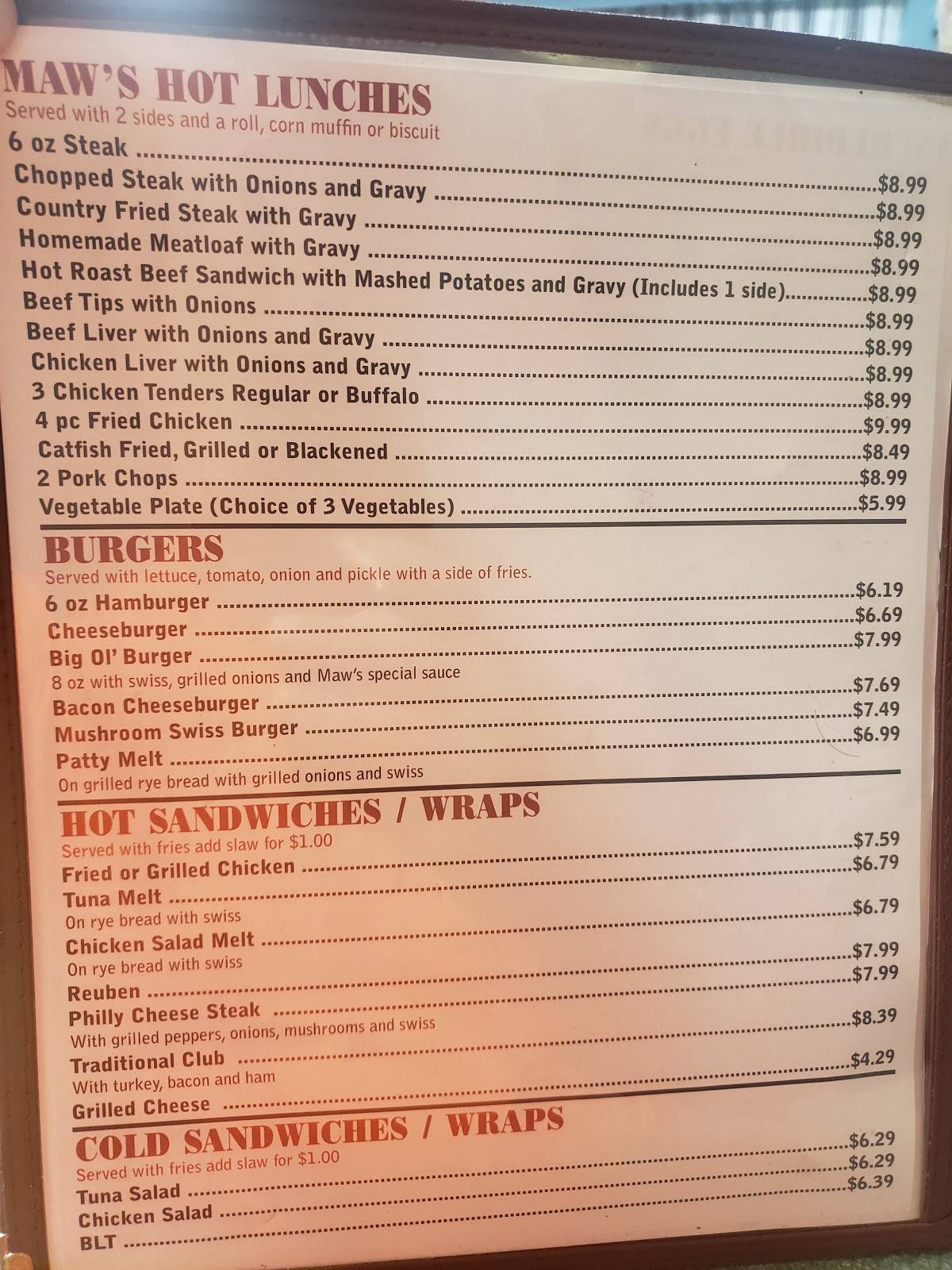 Menu at Maw's Vittles restaurant, Brooksville