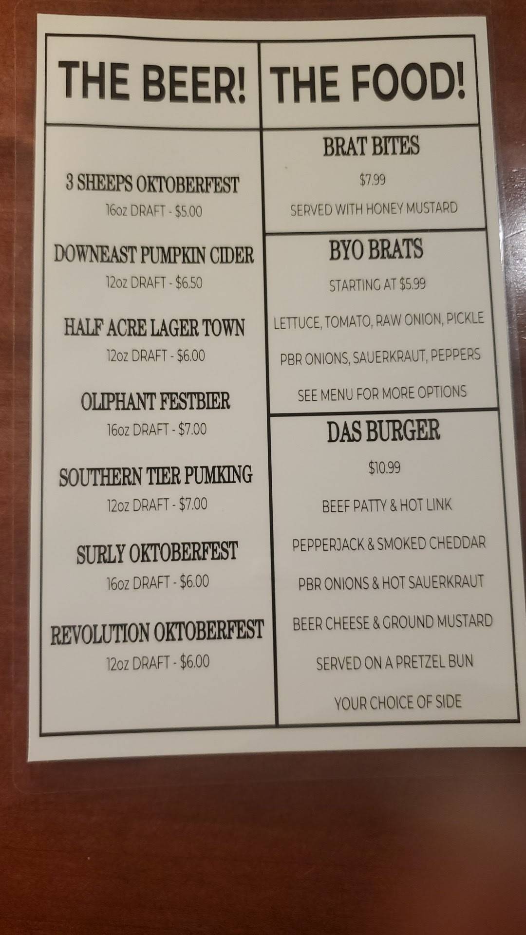 Menu at Milwaukee Burger Company restaurant, Hudson