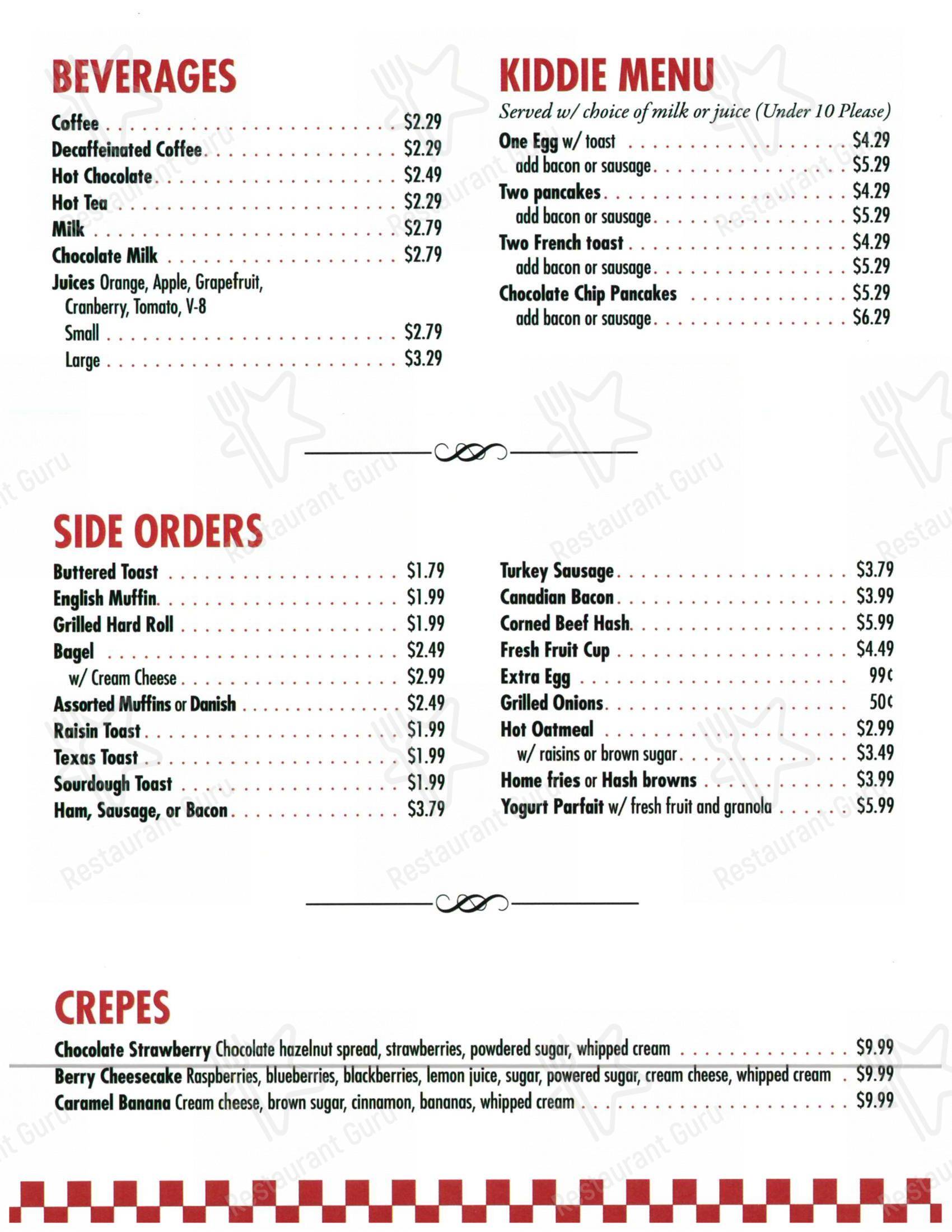 Menu at Miss Batavia Diner restaurant, Batavia