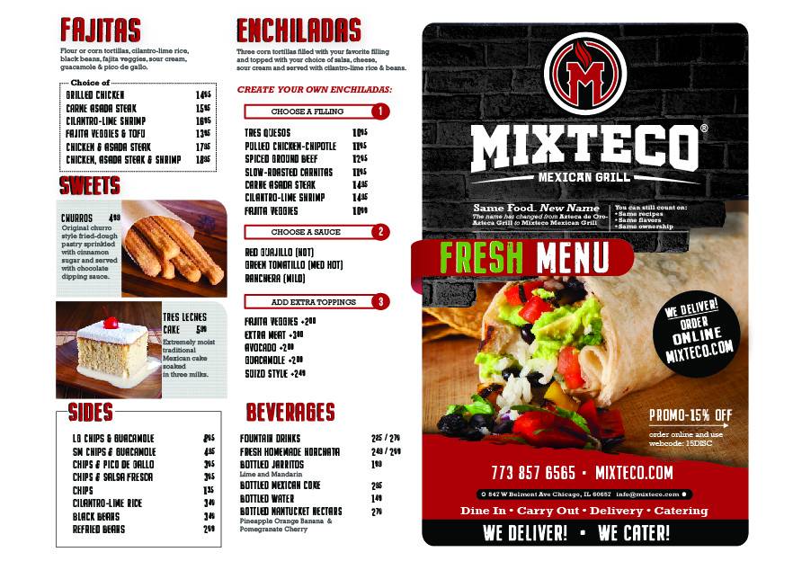 Menu at Mixteco Grill (Lakeview) restaurant, Chicago, 847 W Belmont Ave