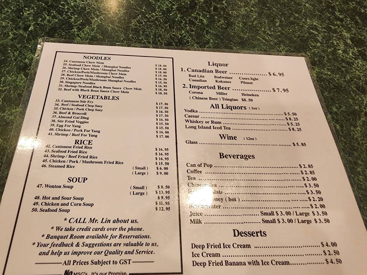 Menu at Mr Lin Family Restaurant, Provost