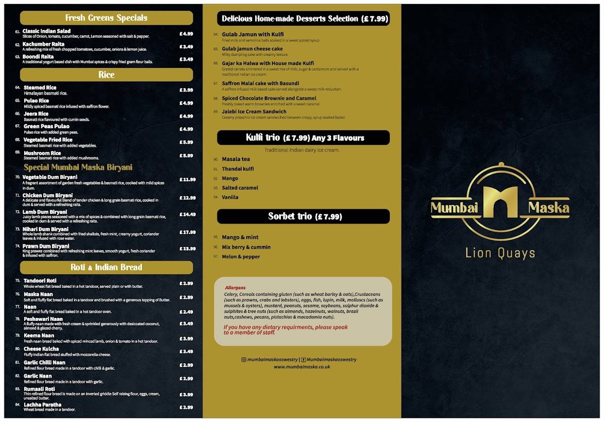 Menu at Mumbai Maska Indian Restaurant @ Lion Quays, Weston Rhyn
