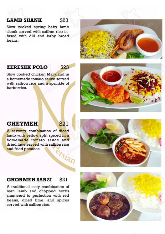 Menu at Narin Persian Restaurant, Northmead