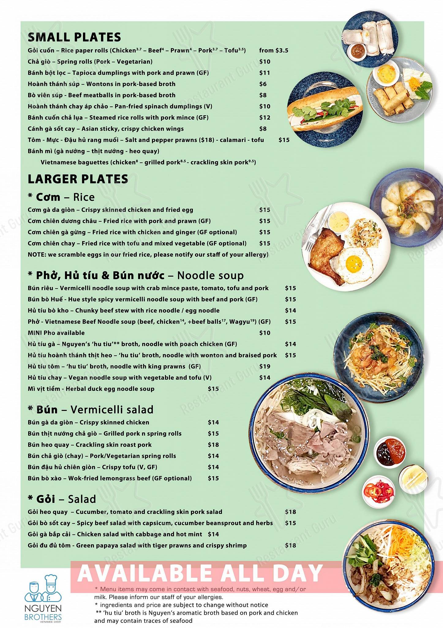 Menu at Nguyen Brothers restaurant, Alexandria