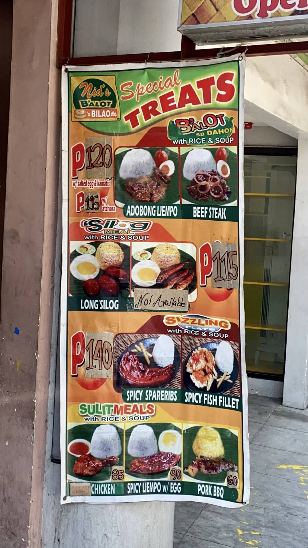 Menu at Nid's Balot 'n Bilao restaurant, Manila