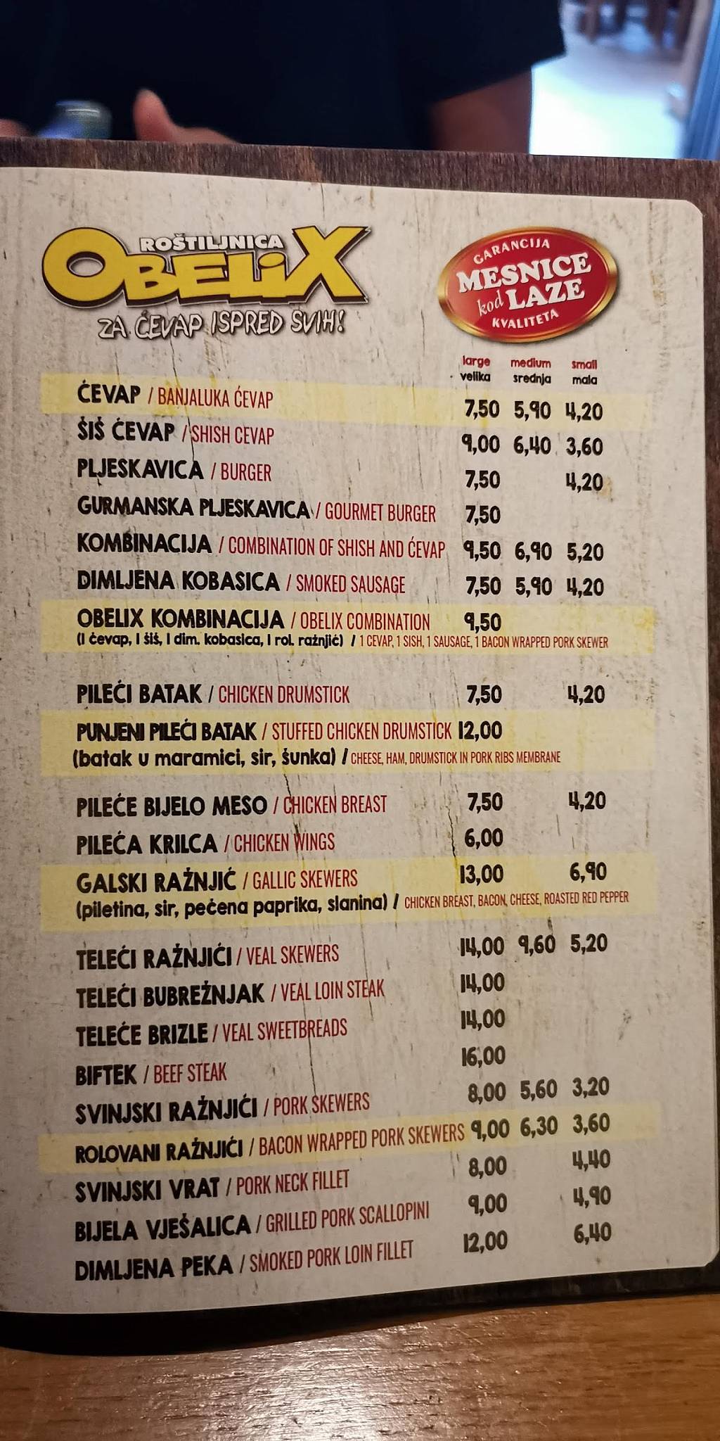 Menu at Obelix restaurant, Banja Luka