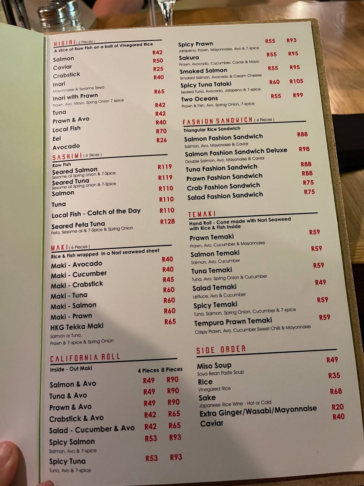 Menu at Oceans 8 Seafood & Sushi Somerset West restaurant, Cape Town